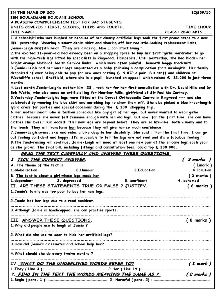 Reading Comprehension Test for Bac Students | PDF