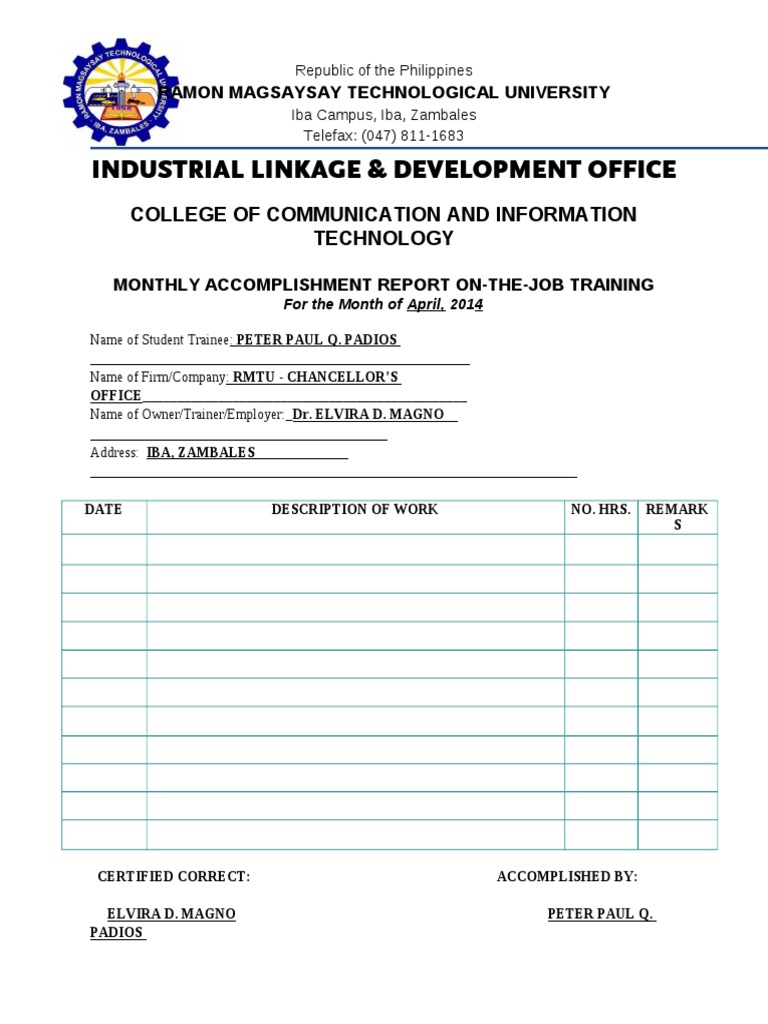 Monthly OJT Accomplishment Report | PDF