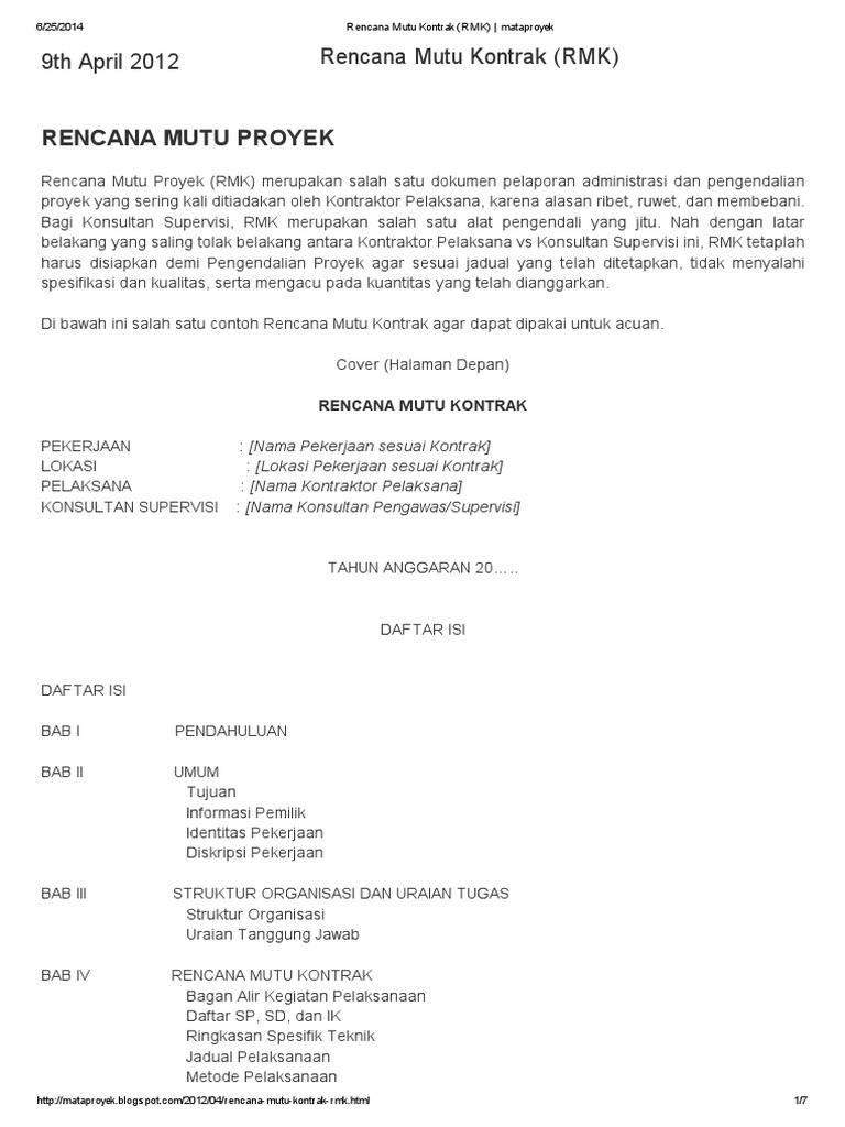 Rencana Mutu Kontrak (RMK) - Mataproyek | PDF | Teknologi & Rekayasa