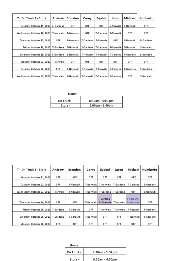 Truck Store Schedule October 2013 - January 2014 | PDF
