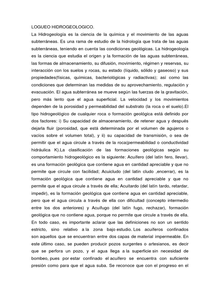 Logueo Hidrogeologico | PDF | Agua subterránea | Geología