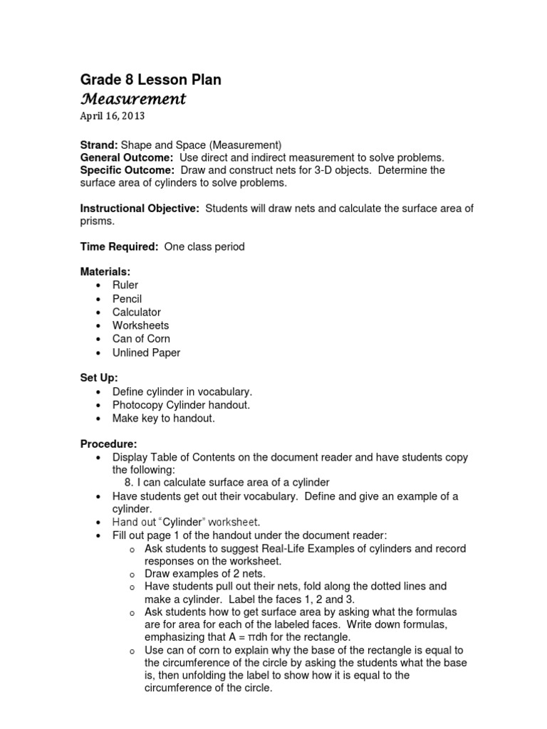 grade 8 lesson plan - measurement | Surface Area | Lesson Plan