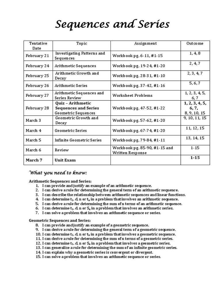Math 20-1 Sequences and Series Unit Plan | PDF | Sequence | Homework