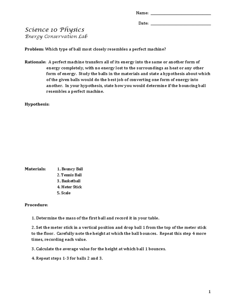 Science 10 Physics Worksheet 14 - Energy Conservation Lab | PDF | Mass ...