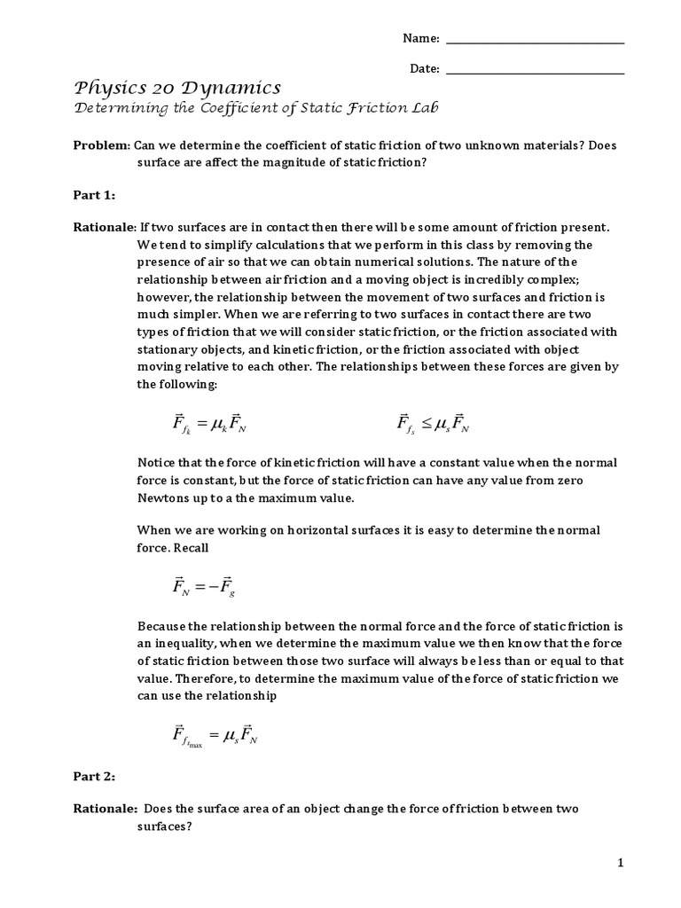 Physics 20 Dynamics Lab 2 | PDF | Friction | Weighing Scale
