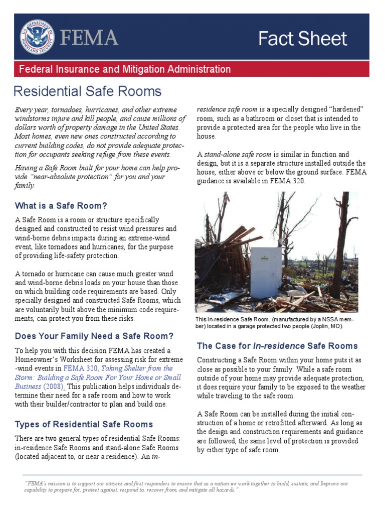 Residential Safe Room Fact Sheet | PDF | Emergency Management | Federal ...