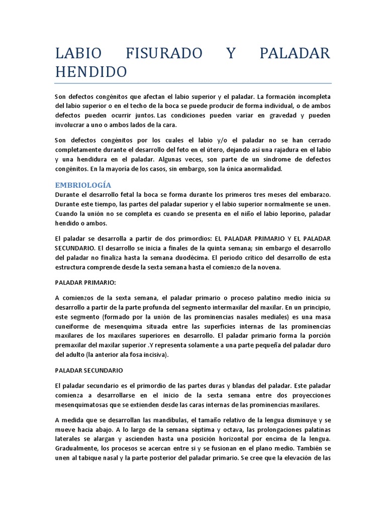 Labio Fisurado y Paladar Hendido | PDF | Especialidades Medicas ...