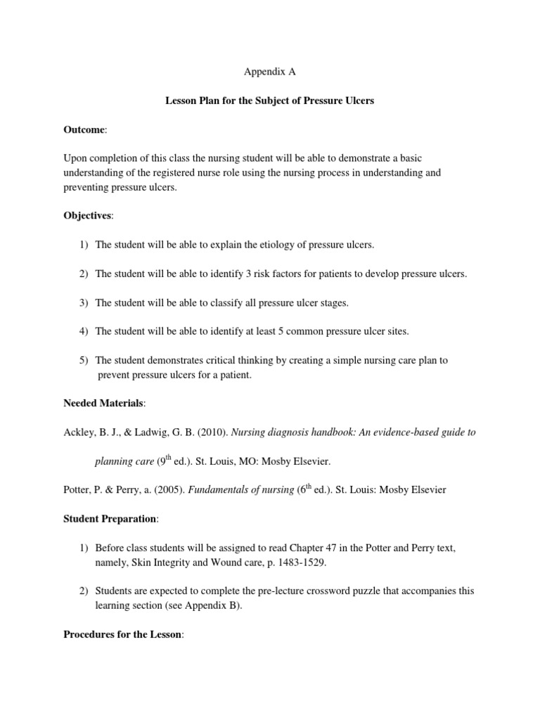 Appendix A Lesson Plan Pressure Ulcers | PDF | Lesson Plan | Nursing