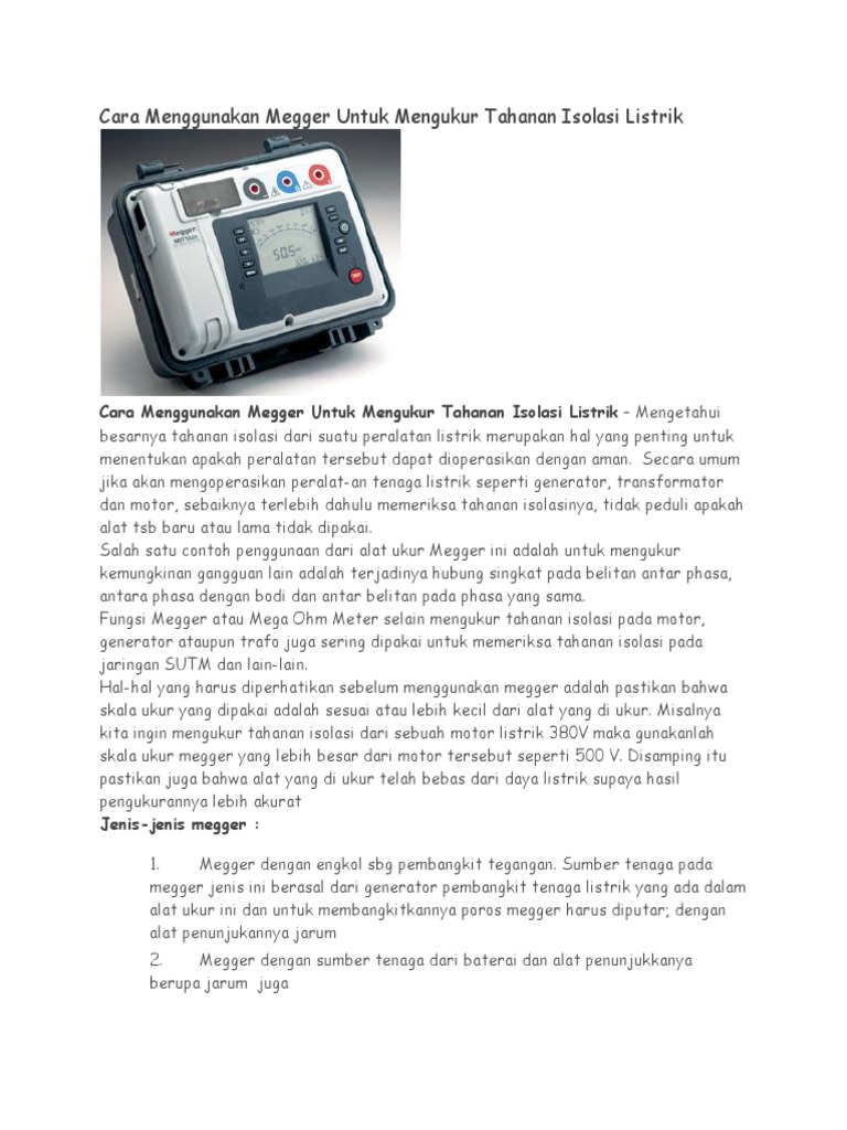 Cara Menggunakan Megger Untuk Mengukur Tahanan Isolasi Listrik | PDF Cara Menggunakan Megger Untuk Mengukur Tahanan Isolasi Listrik | PDF