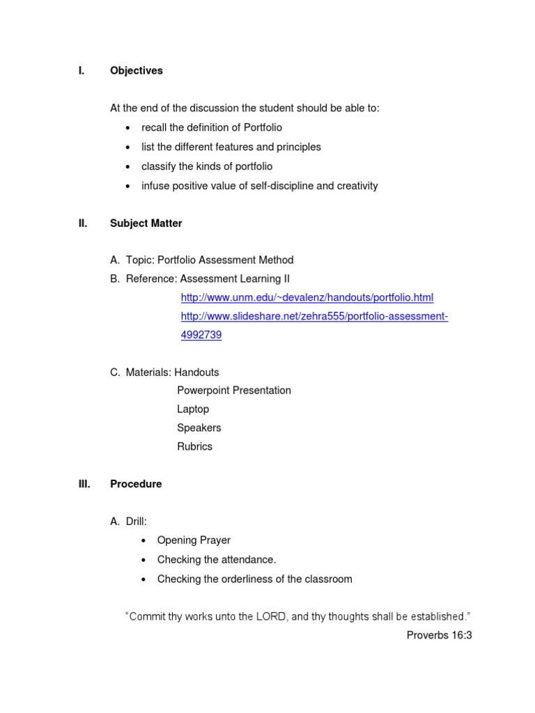 Lesson Plan MSC6 Detailed Lesson Plan in Portfolio Assessment Method of ...
