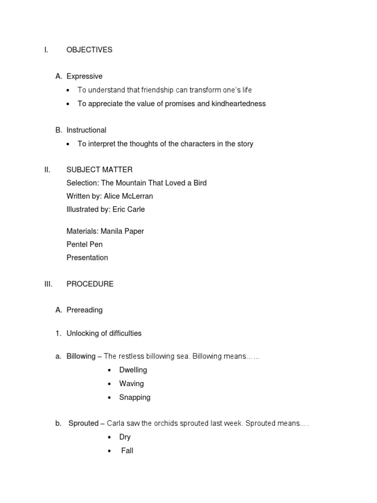 Lesson Plan The Mountain That Loved A BIRD by Sheena E. Bernal | PDF ...