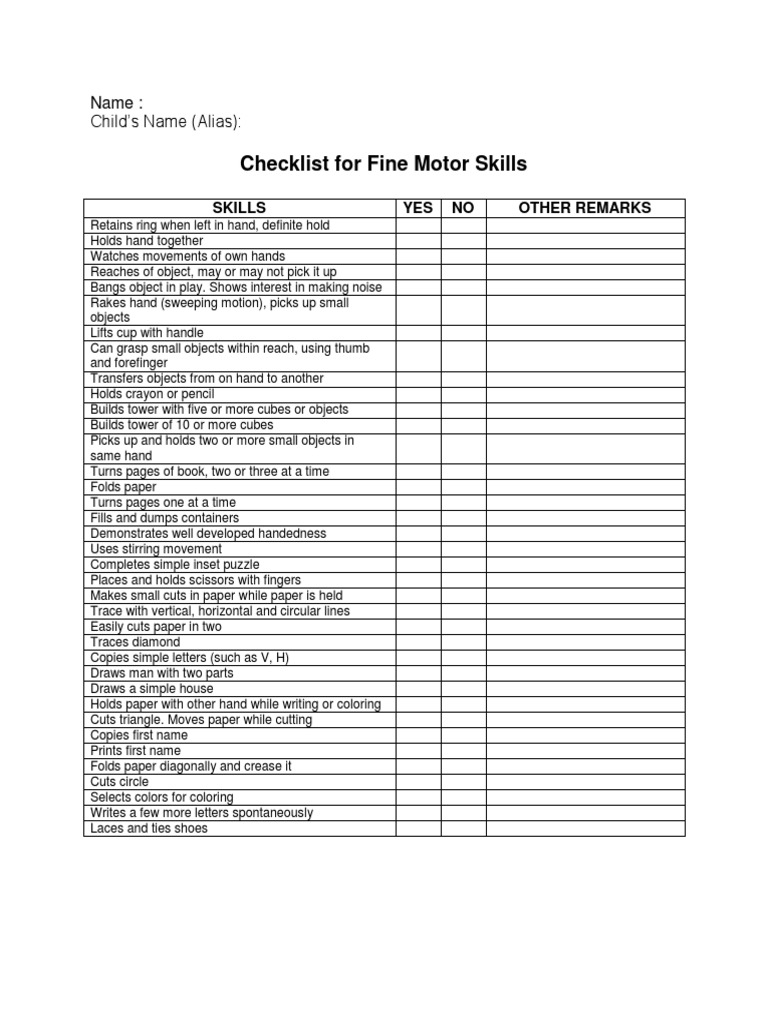 Checklist For FINE Motor Skills | PDF