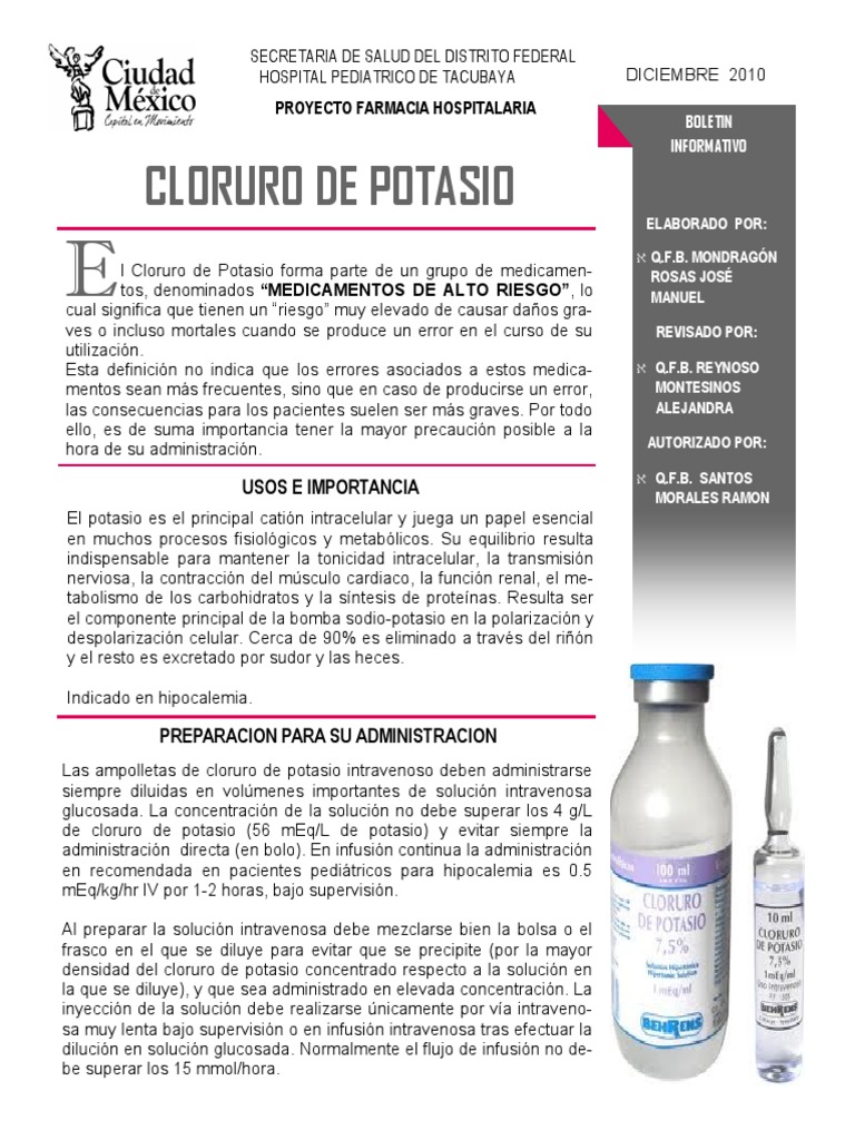 Cloruro de Potasio HPT Boletin | PDF | Terapia intravenosa | Cloruro de ...