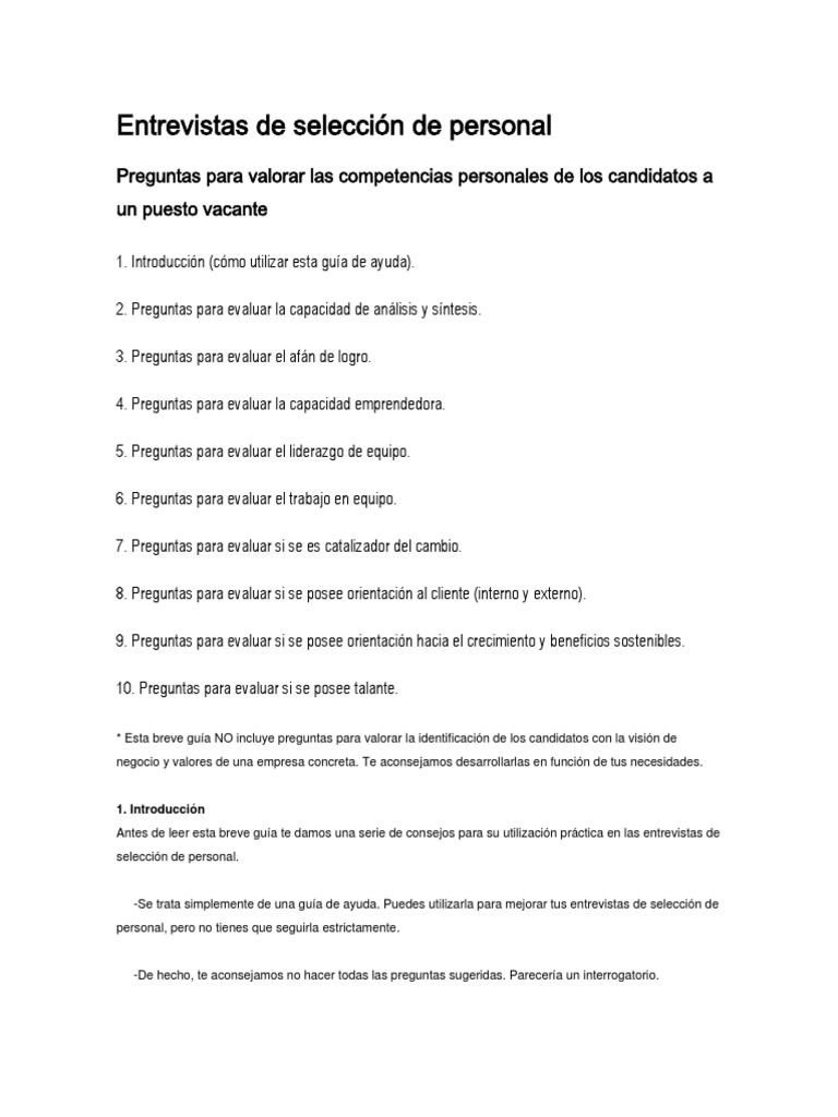 Entrevistas de selección de personal.docx | Recursos humanos | Liderazgo