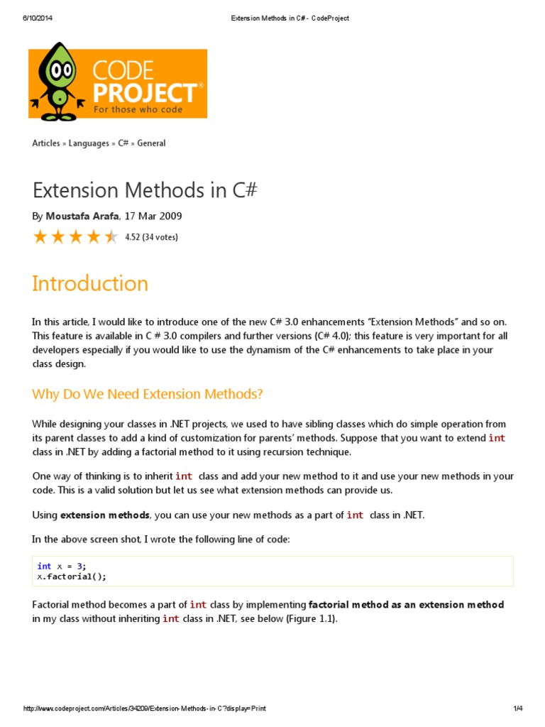 Extension Methods in C# - CodeProject | PDF | Method (Computer Programming) | C Sharp ...