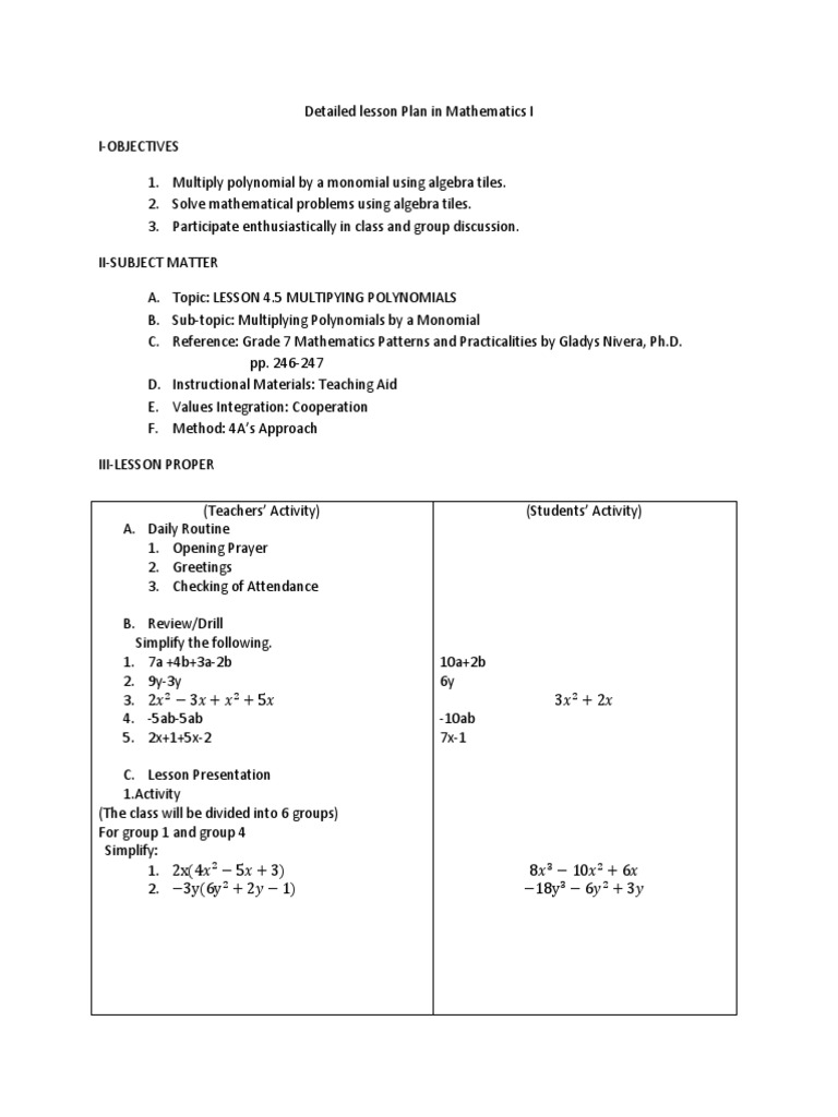 Detailed Lesson Plan in Mathematics I | PDF | Multiplication | Algebra