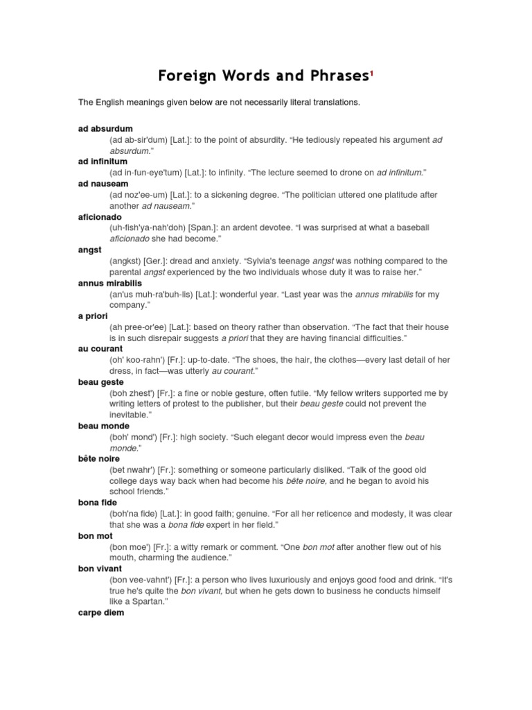 Foreign Words and Phrases: The English Meanings Given Below Are Not ...