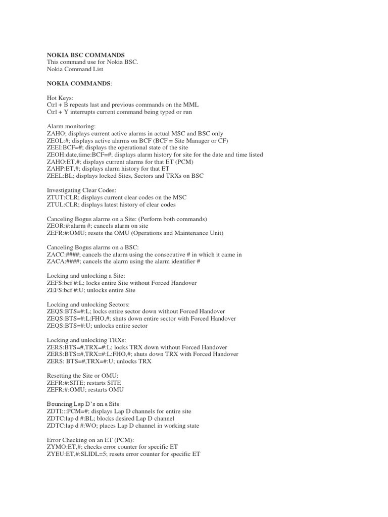 Nokia BSC Commands | PDF | Electronics | Areas Of Computer Science