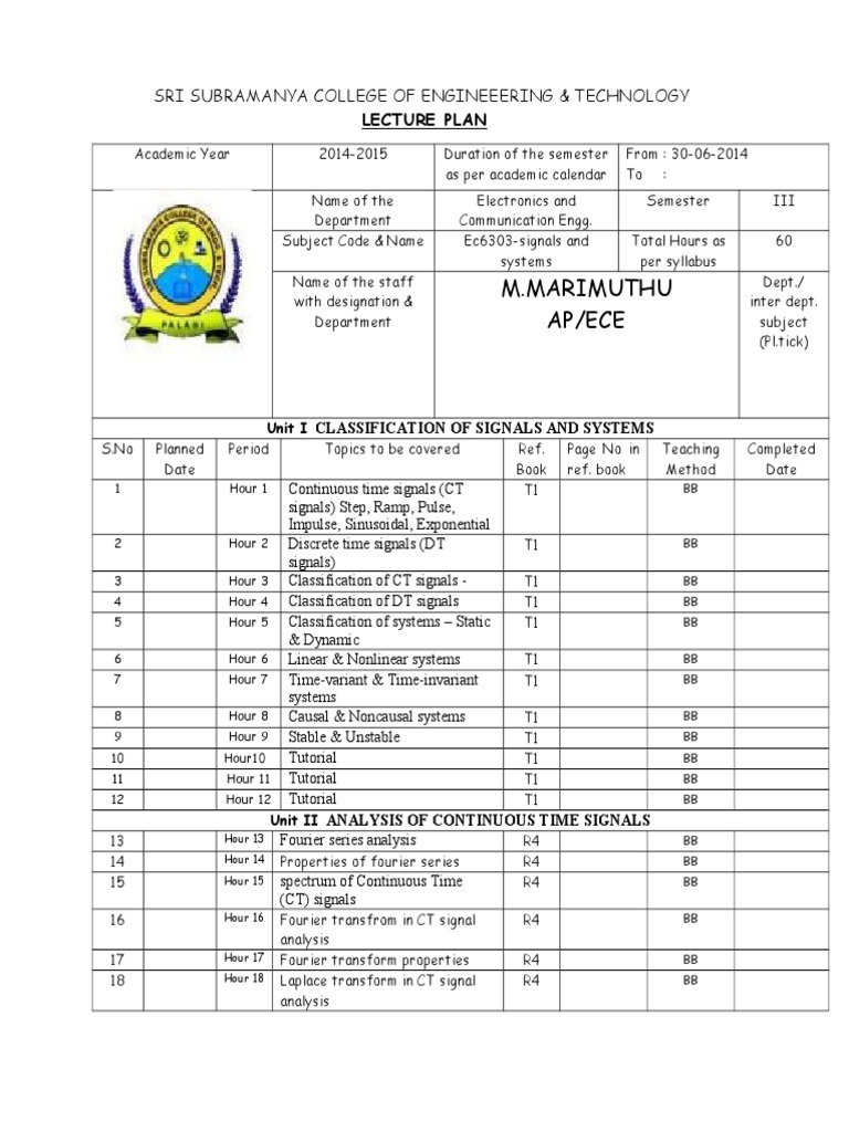 Lecture Plan Signals and Systems | PDF | Laplace Transform | Discrete ...