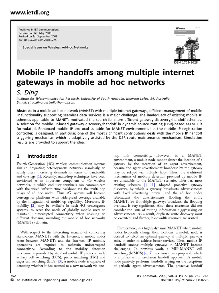 Mobile IP Handoffs Among Multiple Internet Gateways in Mobile Ad Hoc Networks | PDF | Routing ...
