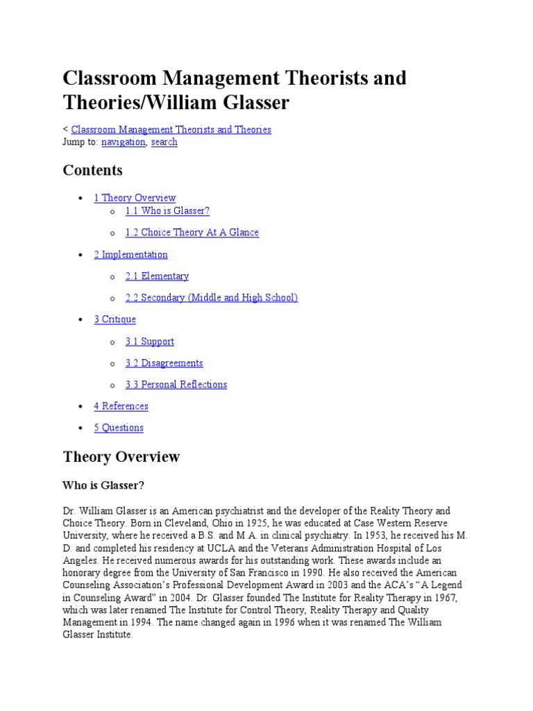 Glasser's Choice Theory in Classroom Management | PDF | Students ...
