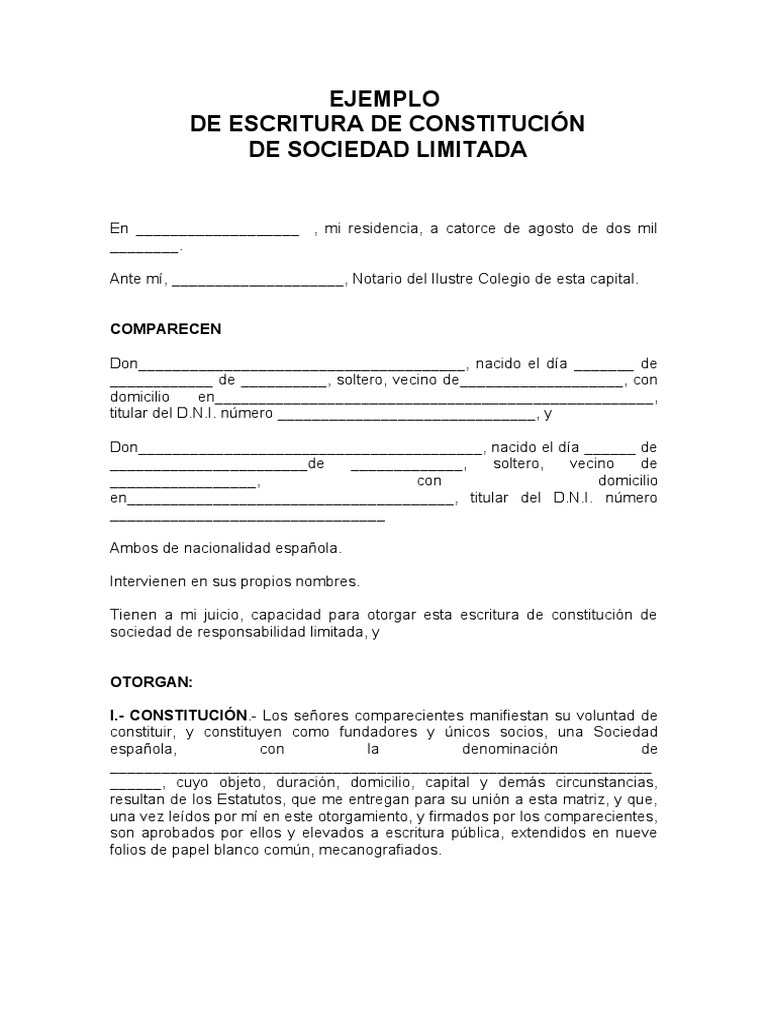 Ejemplo de Escritura Publica de Constitucion de Una Sociedad Limitada | PDF | Compañía de ...