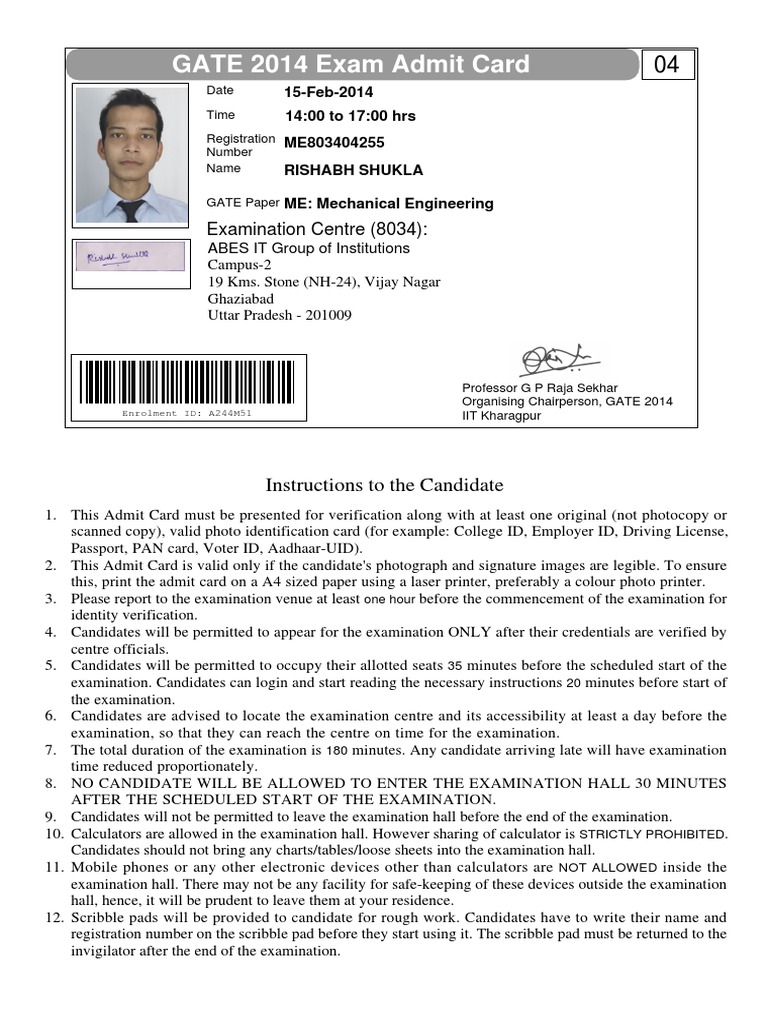 GATE 2014 Exam Admit Card: Examination Centre (8034) | PDF | Identity Document | Authentication