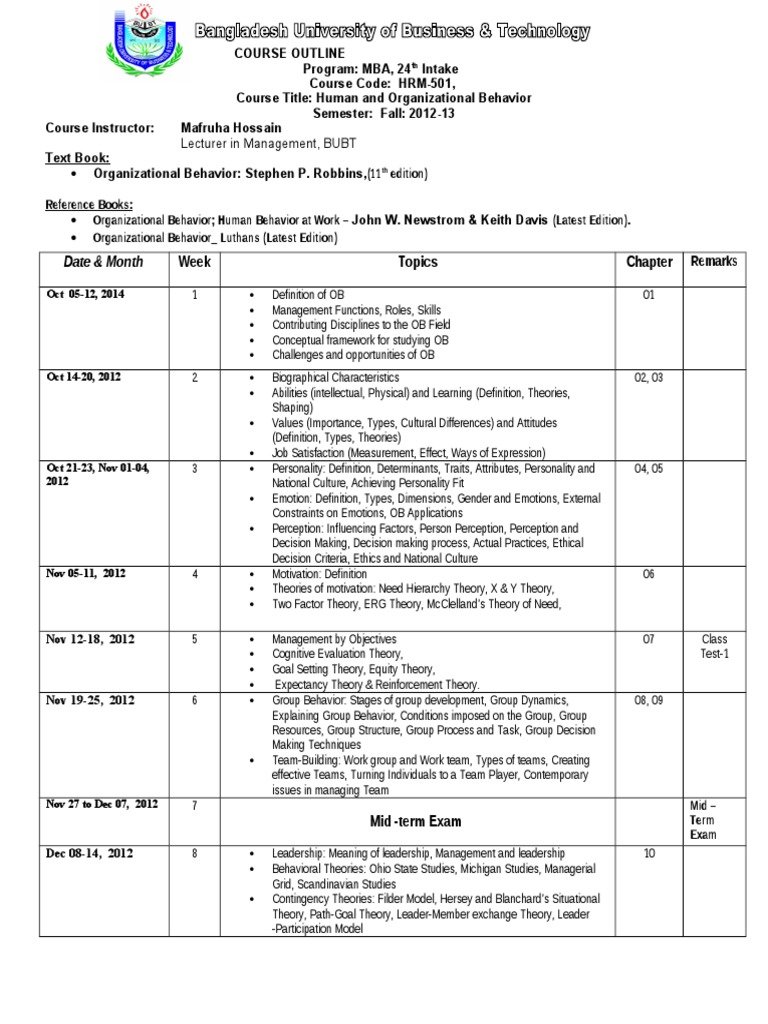 Ob Course Outline | PDF | Emergence | Leadership