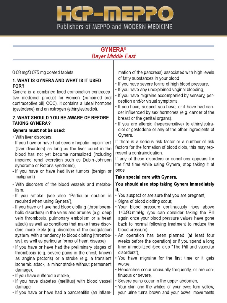 GYNERA Insert | Thrombosis | Combined Oral Contraceptive Pill