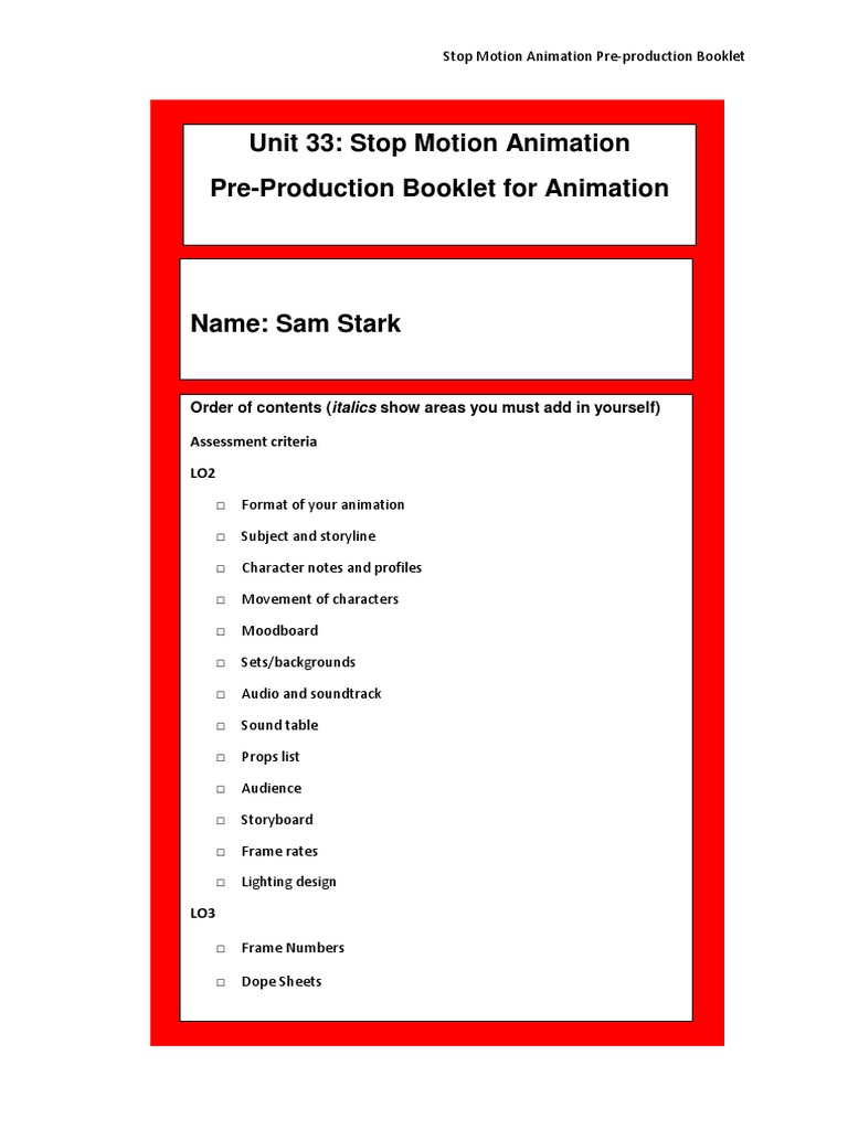 Production Booklet Animation | PDF | Animation | Film Frame