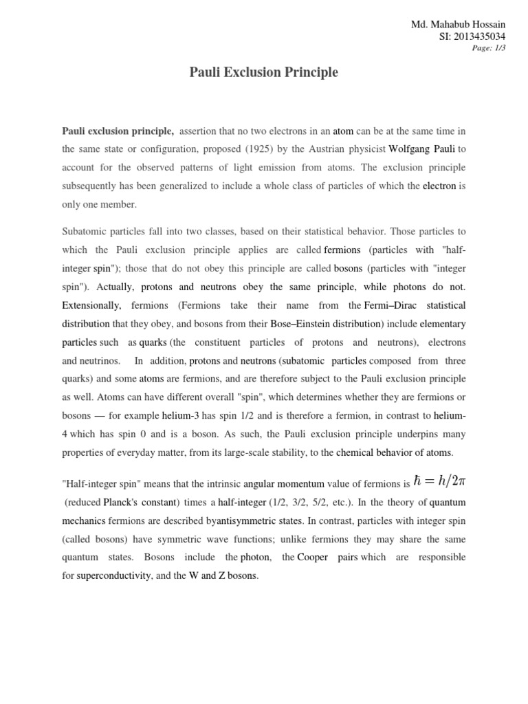 Pauli Exclusion Principle | PDF | Boson | Spin (Physics)