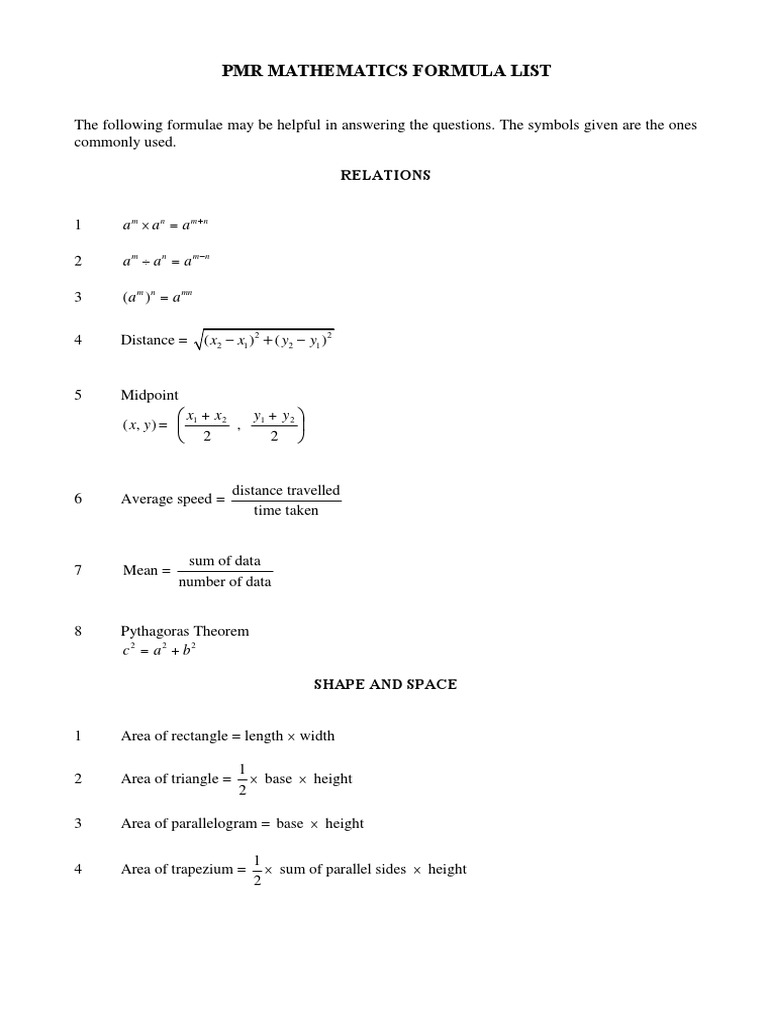 PMR Mathematics Formula Sheet | PDF
