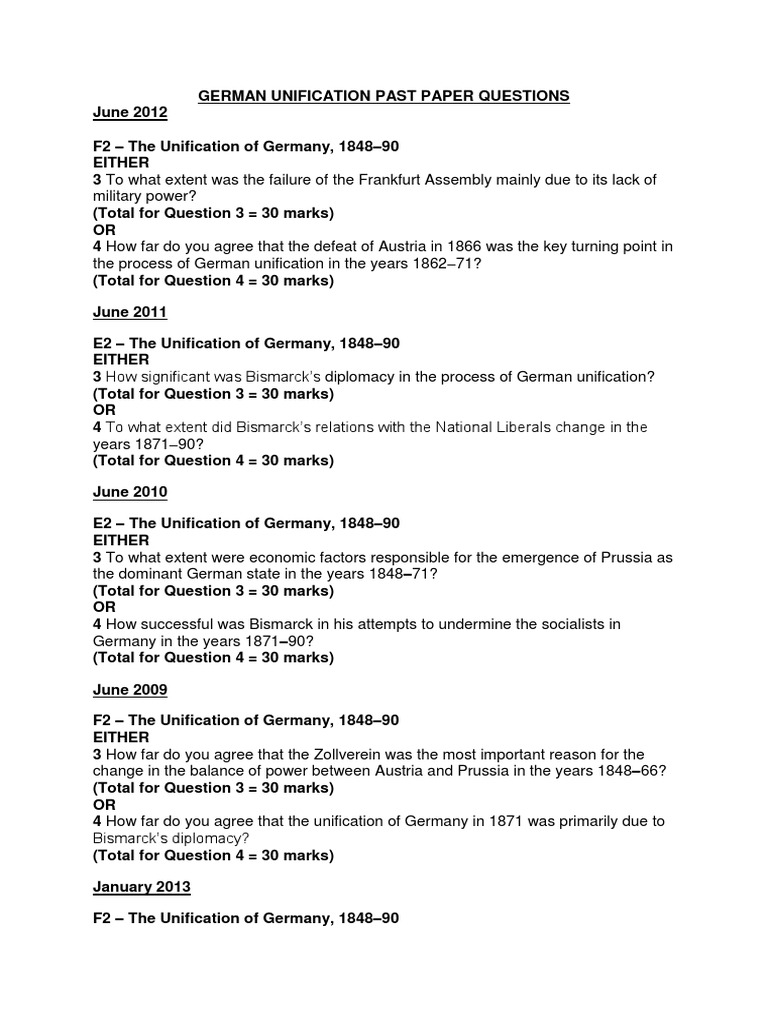 German Unification Past Paper Questions | PDF | Otto Von Bismarck ...
