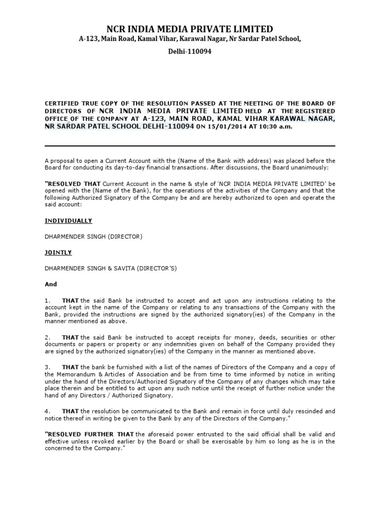 Bank a.c. Opening Board resolution | Private Law | Banks