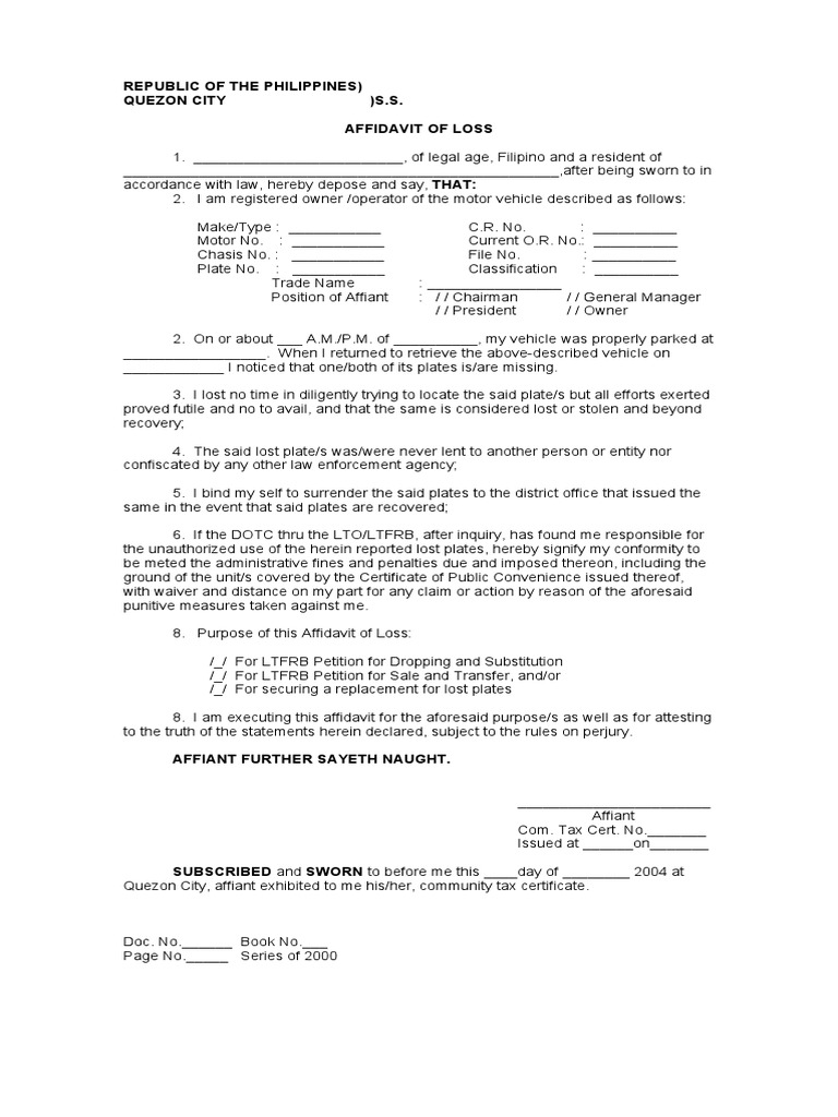 Affidavit of Plate Loss | PDF