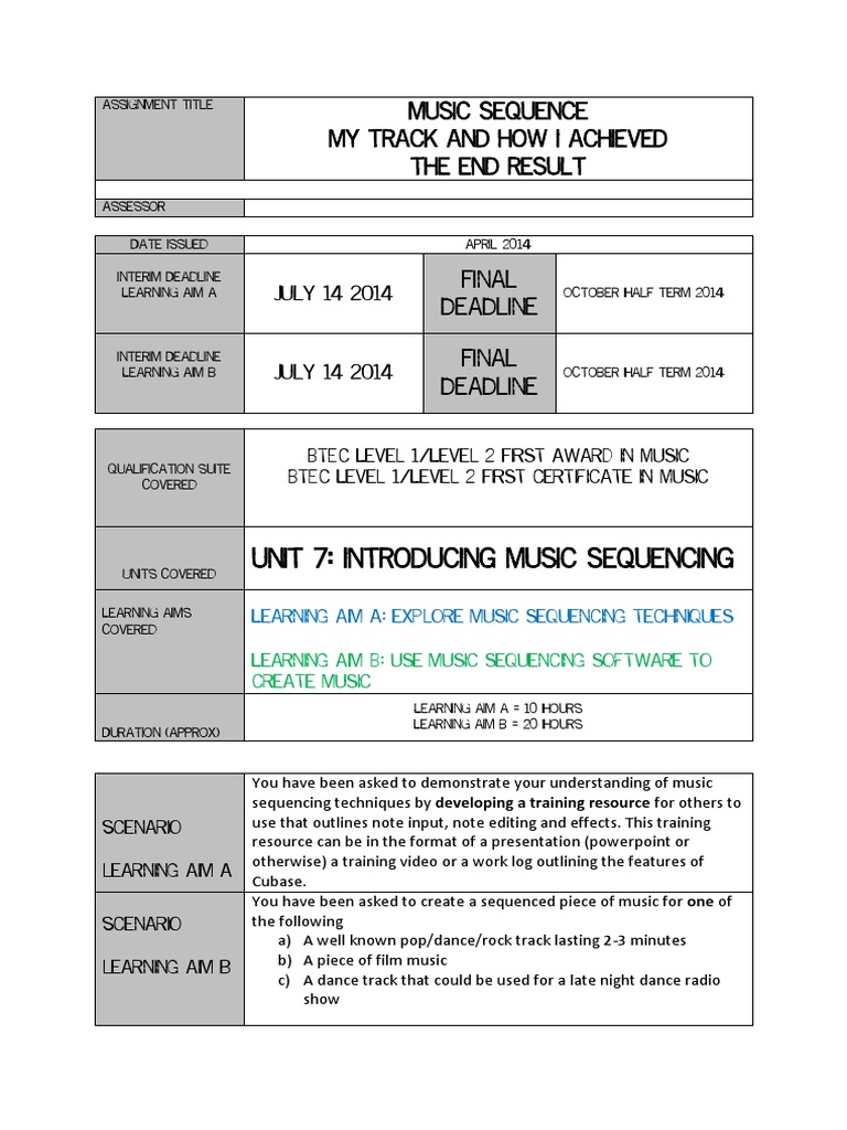 Assignment Brief UNIT 7 Music | PDF | Audio Electronics | Sound Technology