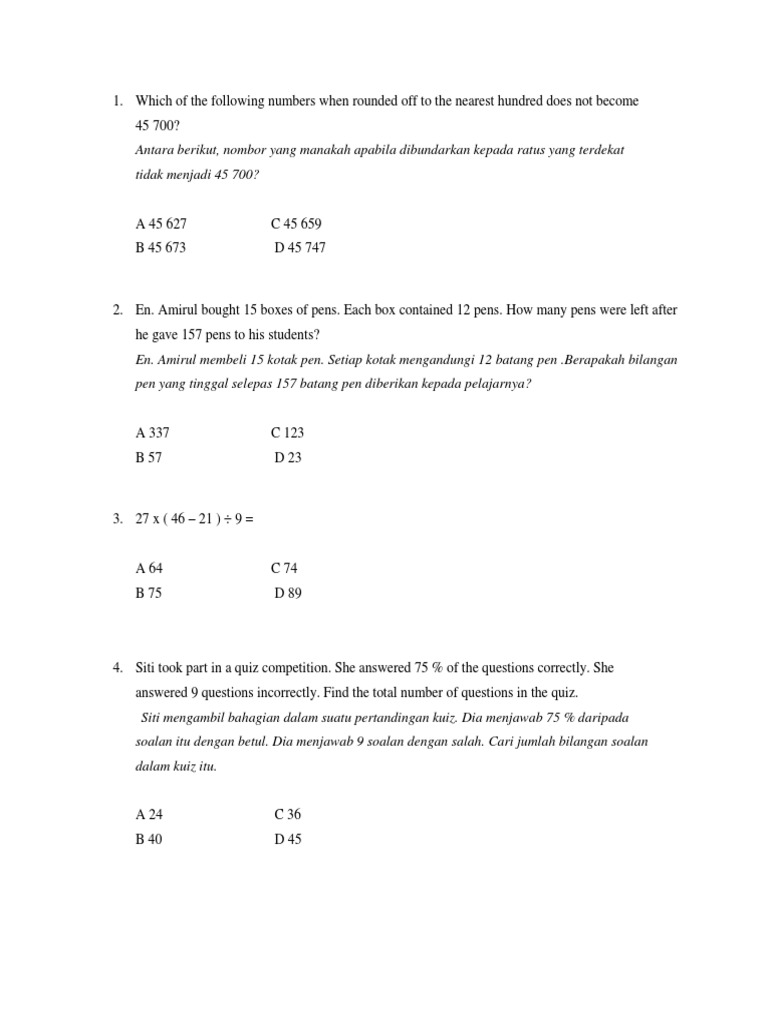 Soalan Math Form 1 | PDF
