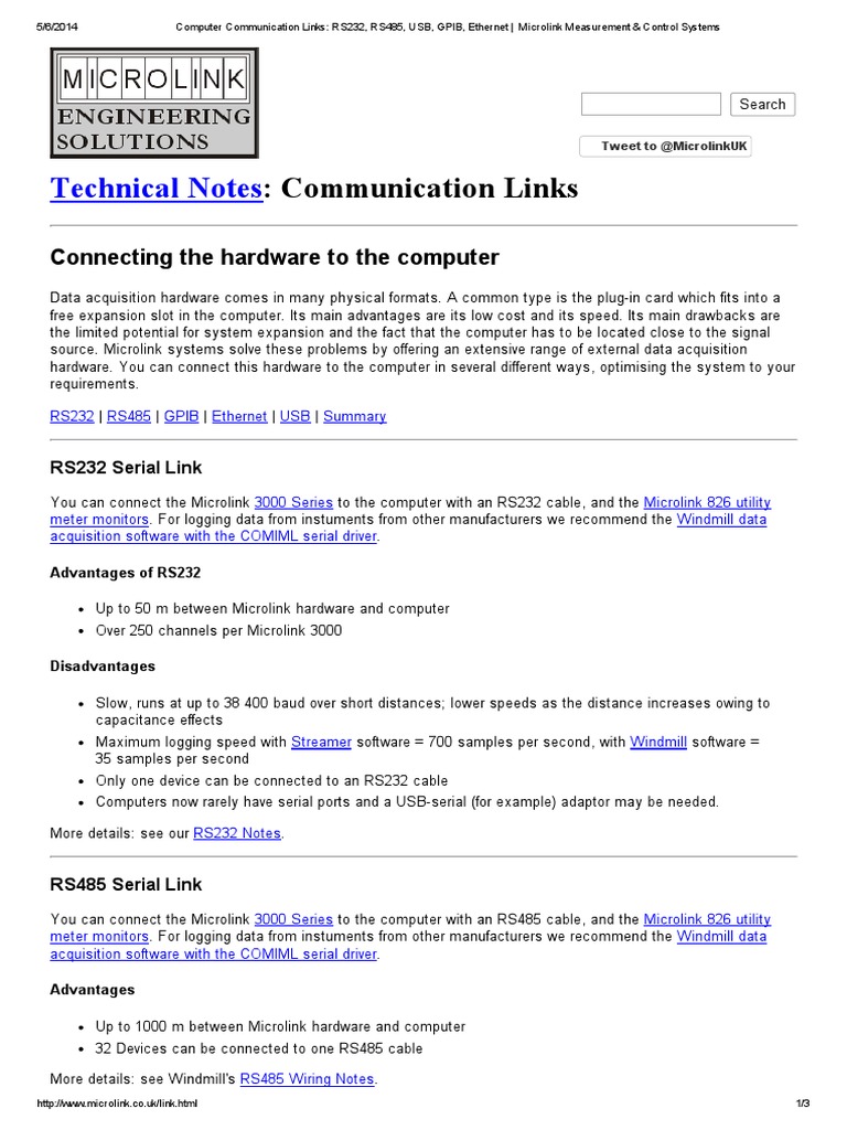 Computer Communication Links - RS232, RS485, USB, GPIB, Ethernet - Microlink Measurement ...