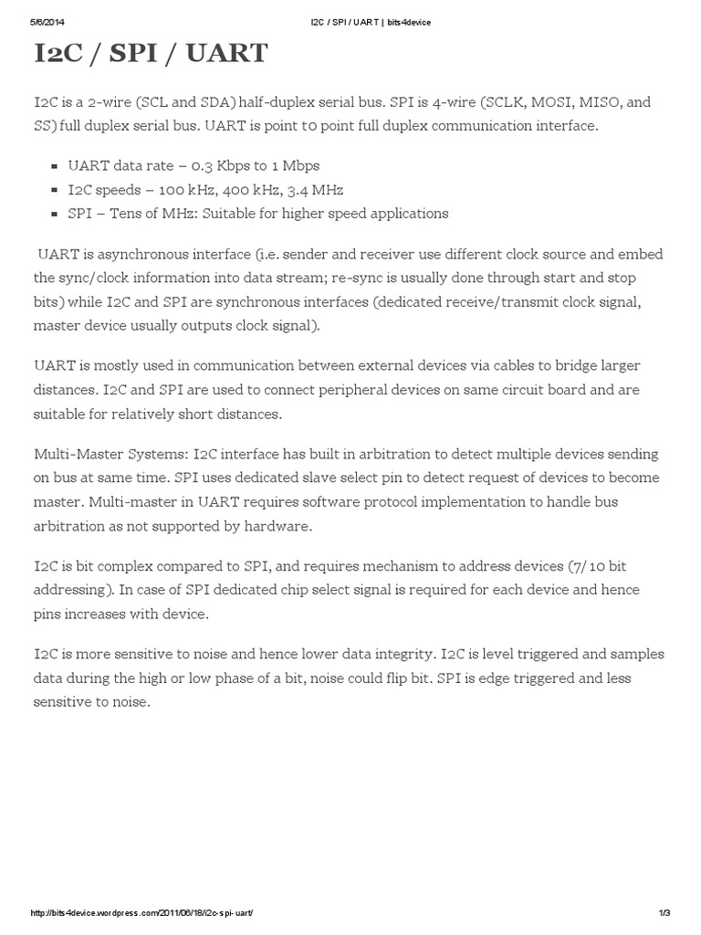I2C vs SPI vs UART: Key Differences | PDF