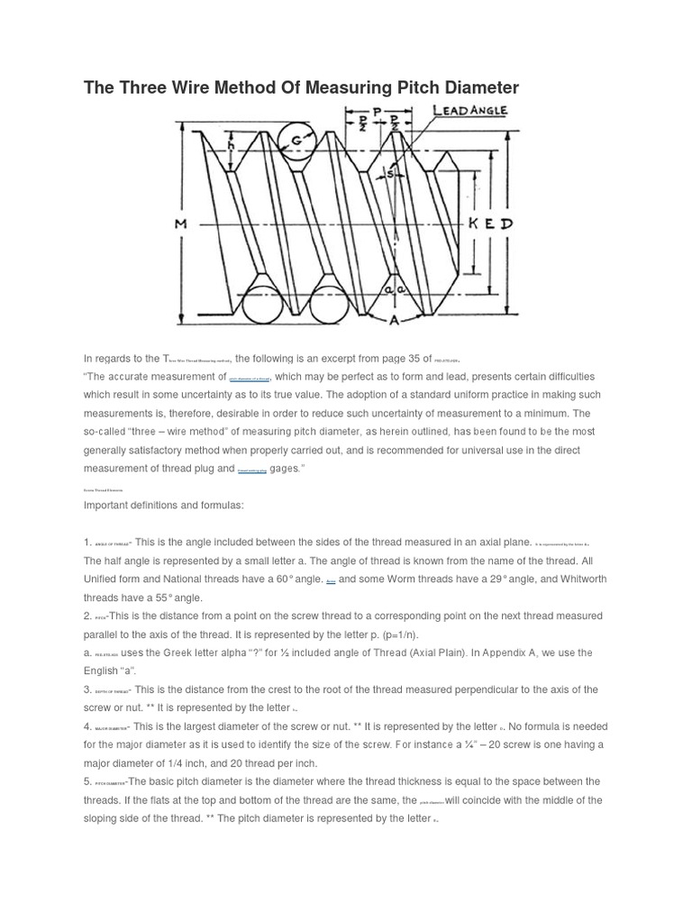 Three Wire Method for Pitch Diameter Measurement | PDF | Screw ...