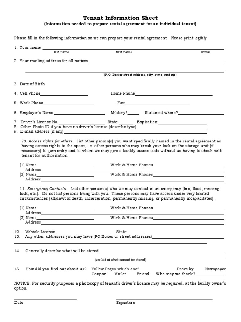 Tenant Information Sheet for Rental Agreement | PDF | Computing And ...