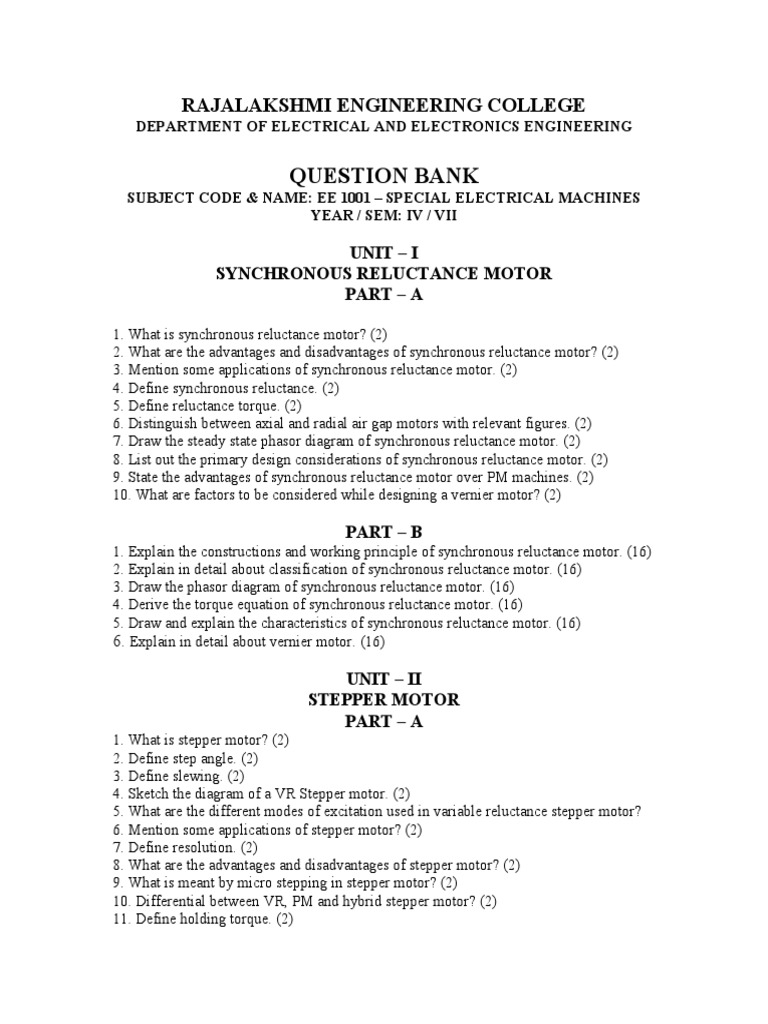Special Electrical Machines Question Bank | PDF | Electric Motor ...