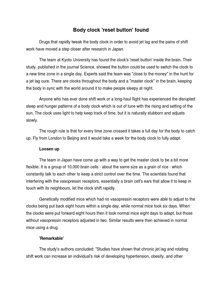 Body Clock Reset Button Discovered | PDF | Circadian Rhythm | Shift Work