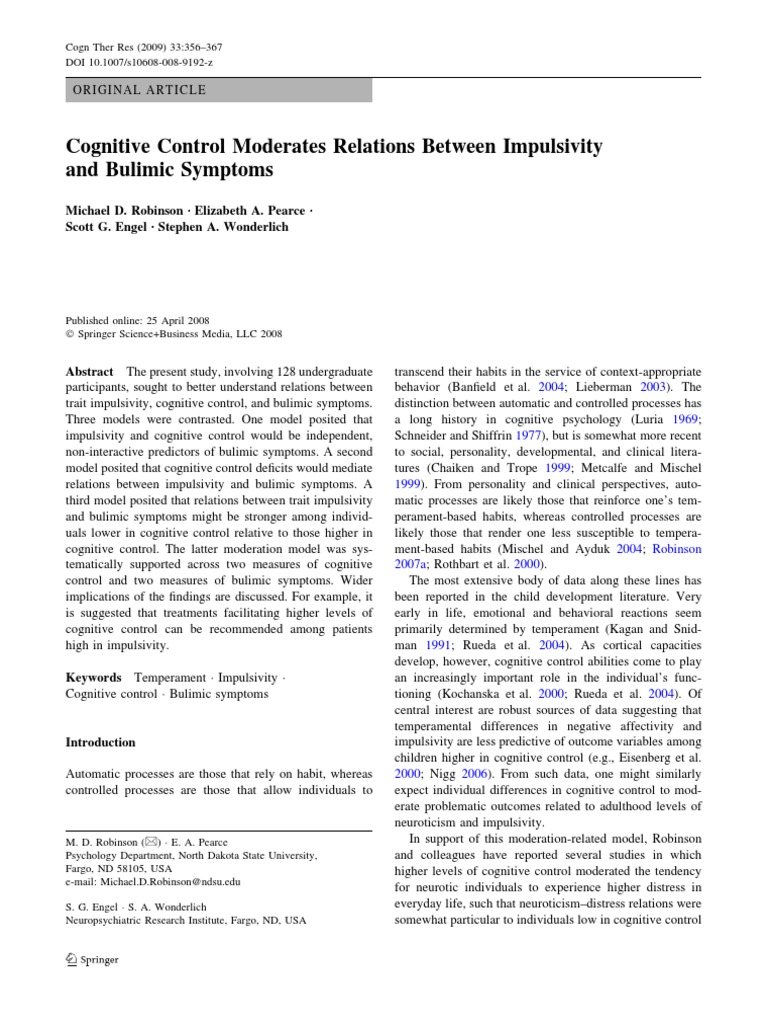 Cognitive Control Moderates Relations Between Impulsivity and Bulimic ...