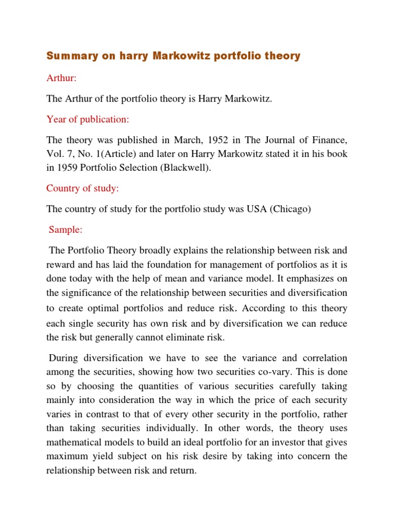 Summary on Harry Markowitz Portfolio Theory 1 | Modern Portfolio Theory ...