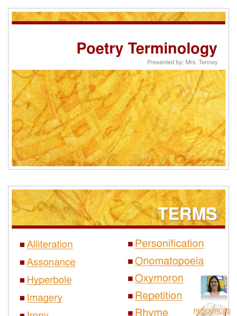 Poetry Terminology: Presented By: Mrs. Tenney | PDF | Irony | Poetry