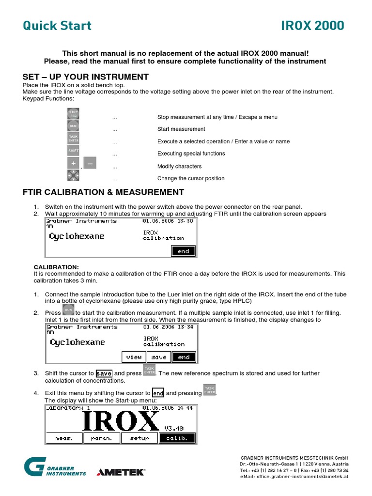 Quick Start IROX 2000: Set - Up Your Instrument | PDF | Calibration ...