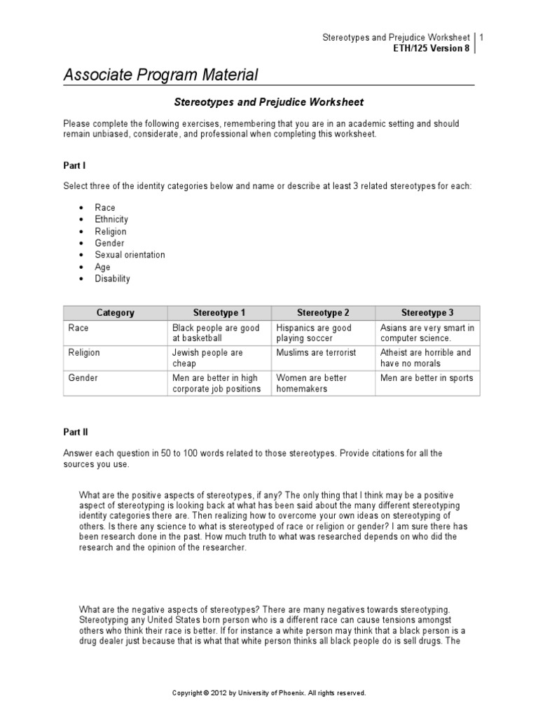 Associate Program Material: Stereotypes and Prejudice Worksheet | PDF ...