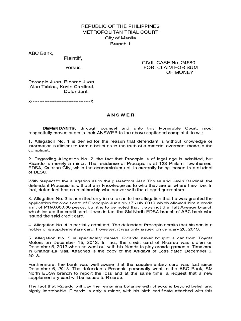 Answer, A Sample | PDF | Credit Card | Lawsuit