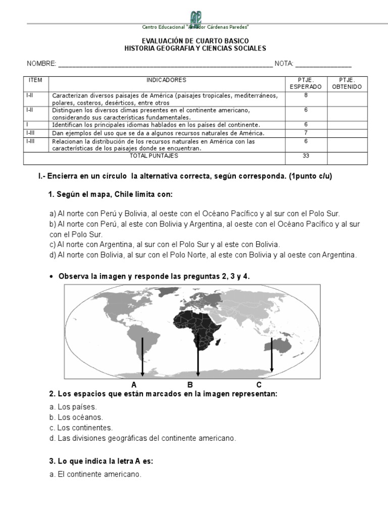 Evaluación de Historia y Geografía 4° Básico | PDF | Américas ...